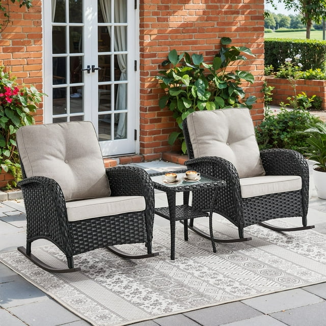 PARKWELL 3-Piece Outdoor Patio Rocking Chairs Set,Wicker High Back ...