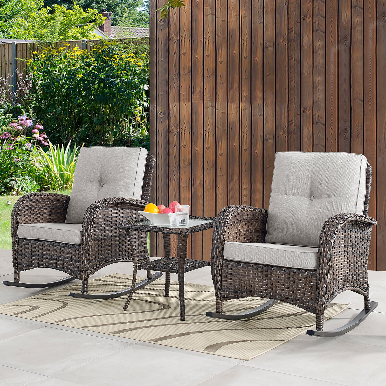 PARKWELL 3-Piece Wicker Rocking Chair Set with Table & Cushions - Patio ...
