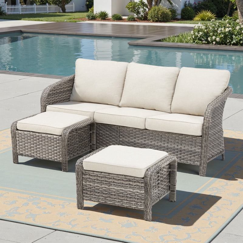 PARKWELL 3 Pieces Outdoor Patio Conversation Set, Wicker Oversized Sofa ...