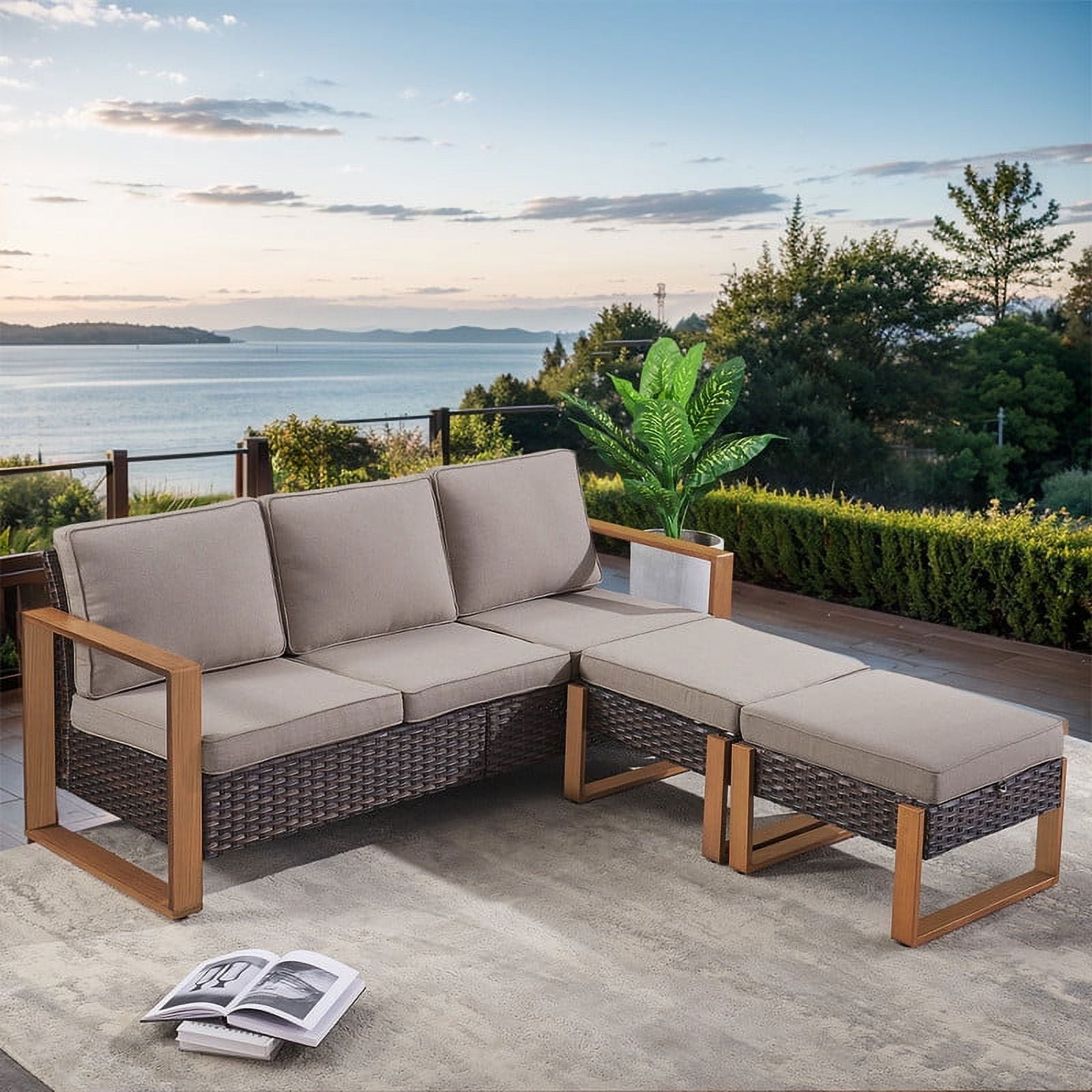 PARKWELL 3-Piece Outdoor Patio Sofa with 2 Cushioned Ottoman Seat Foot ...
