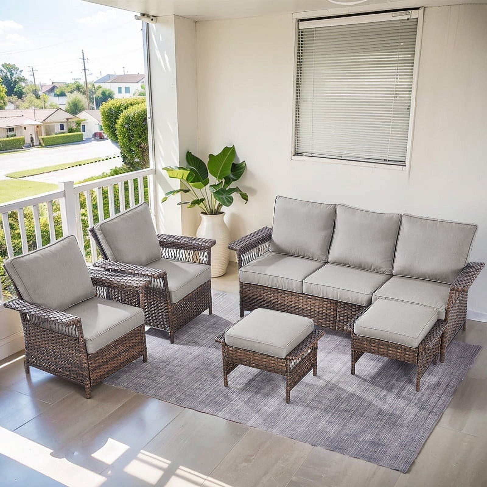 PARKWELL 5-Piece Outdoor Rattan Wicker Set with 3-Seat Sofa, 2 Chairs ...