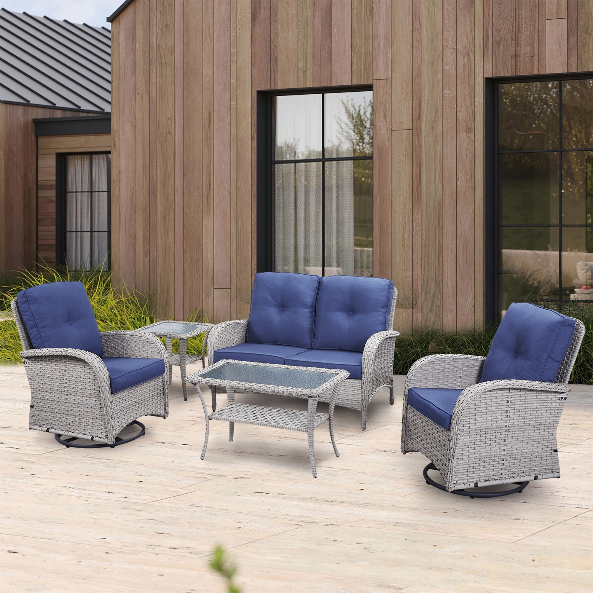 PARKWELL 5-Piece Wicker Patio Set with Swivel Rocking Chairs, Loveseat ...