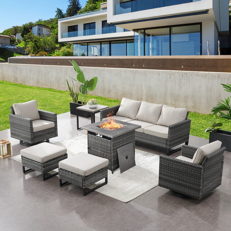 PARKWELL 7 Piece Outdoor Patio Furniture Set with Fire Pit Table,Rattan ...