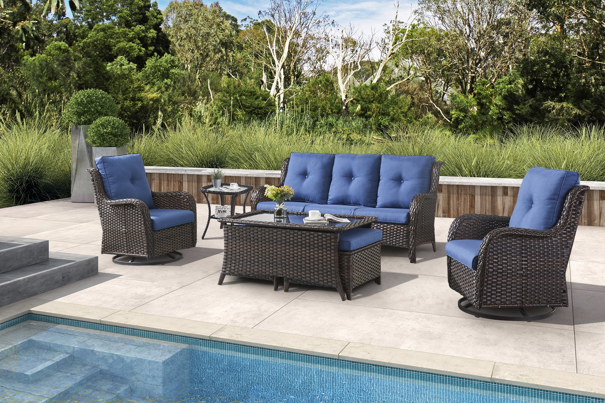 PARKWELL Modern 7Pcs Outdoor Wicker Rattan Living Room Patio Furniture ...