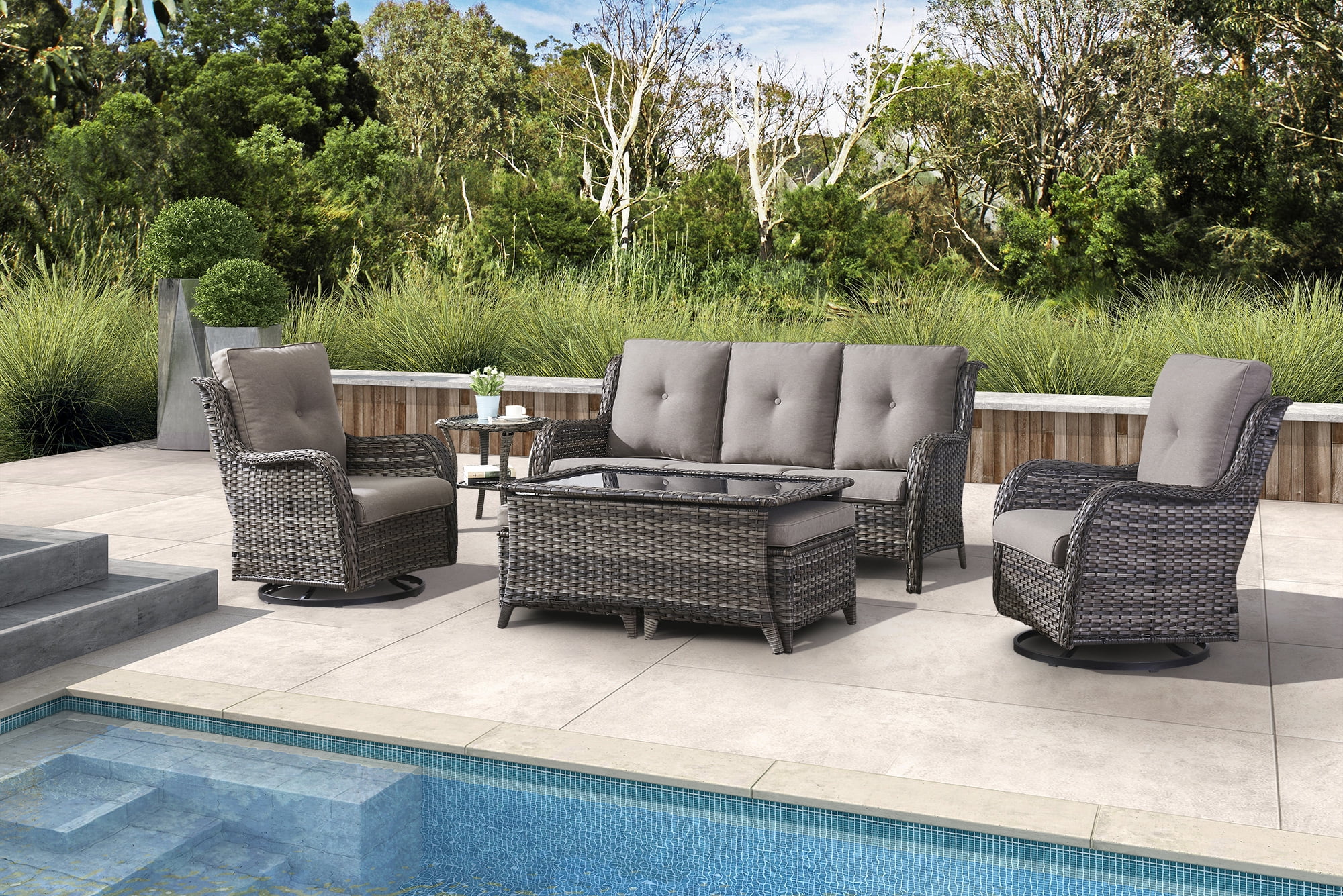 PARKWELL 7Pcs Outdoor Wicker Set: Sofa, Swivel Rocking Chairs, Ottomans, Coffee & Side Tables ...