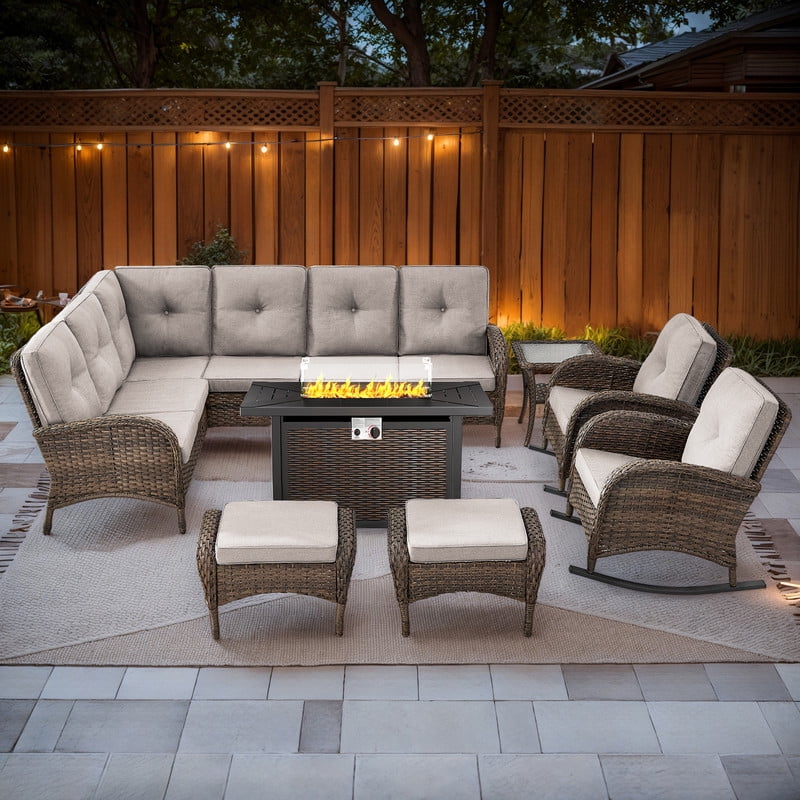 PARKWELL 8-Piece Outdoor Sectional Furniture Set with Fire Pit Table ...