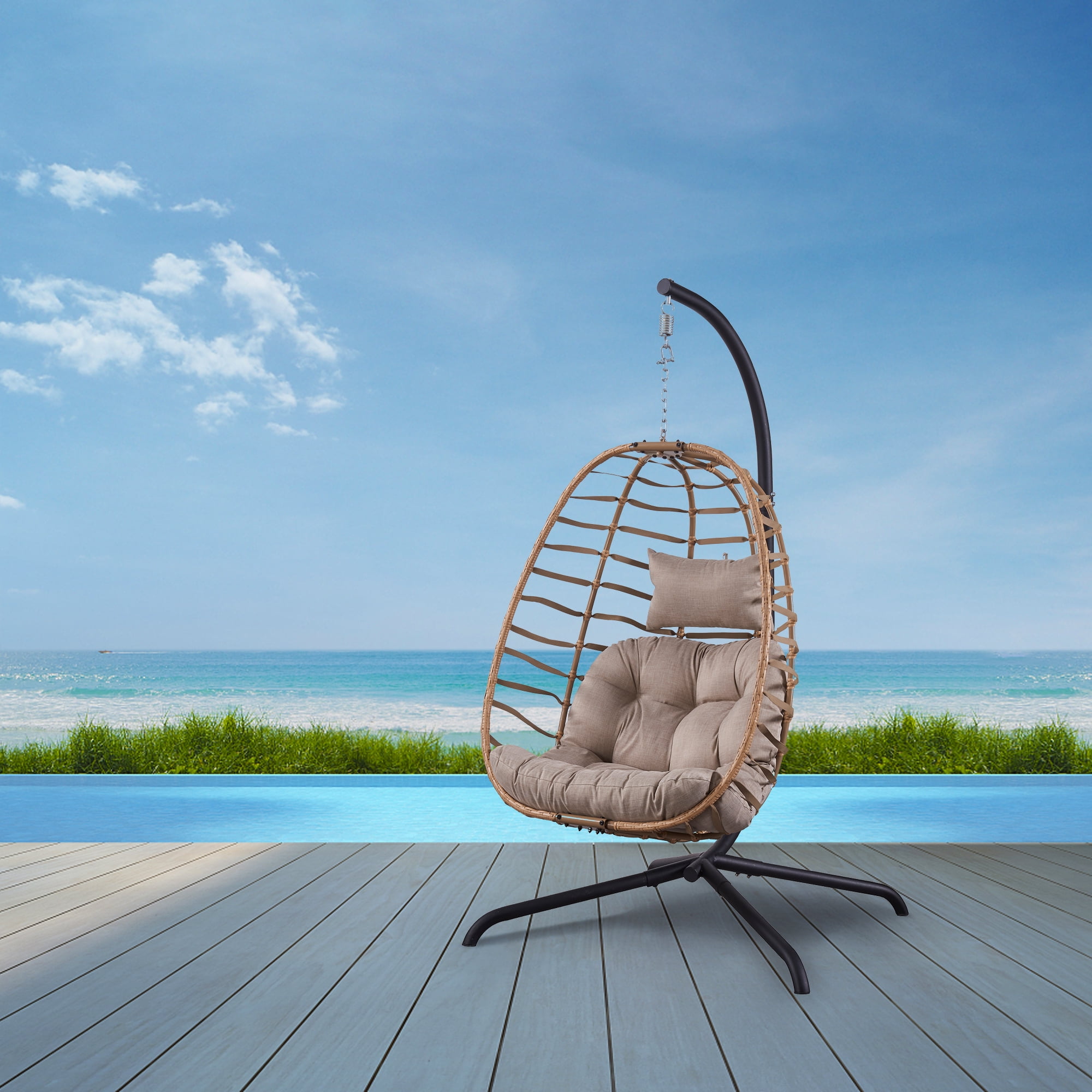 PARKWELL Indoor Outdoor Swing Egg Chair with Stand,Foldable Wicker ...