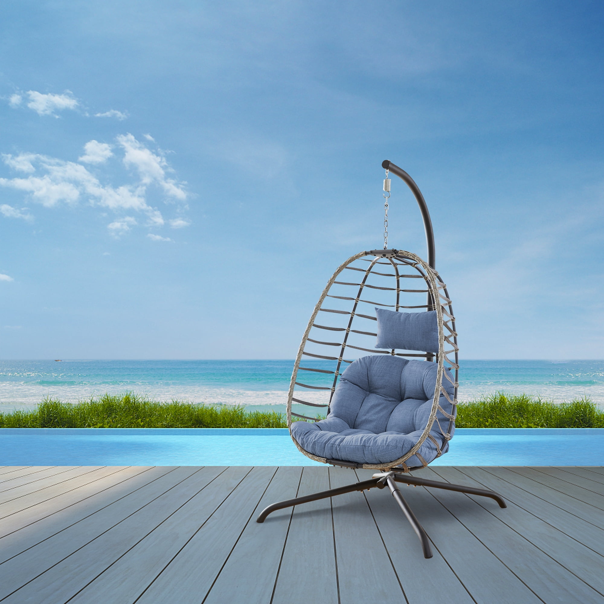 PARKWELL Indoor Outdoor Swing Egg Chair with Stand,Foldable Wicker ...