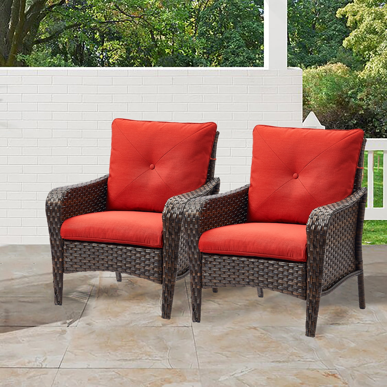 PARKWELL Rattan Resin Outdoor Patio Chair Set of 2 with Cushions, Red ...