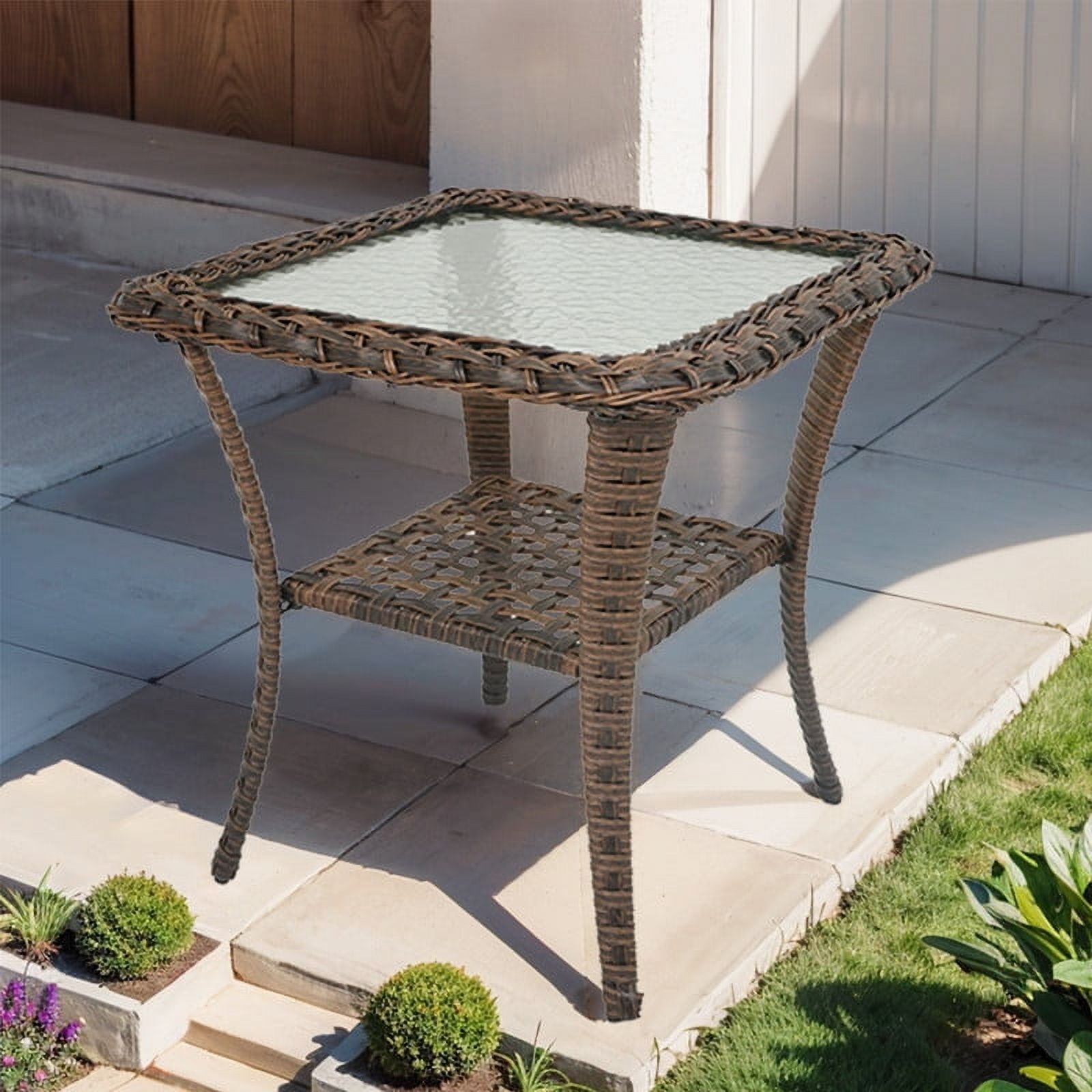PARKWELL Outdoor End Table with Tempered Glass Top and 2-Layer Storage ...