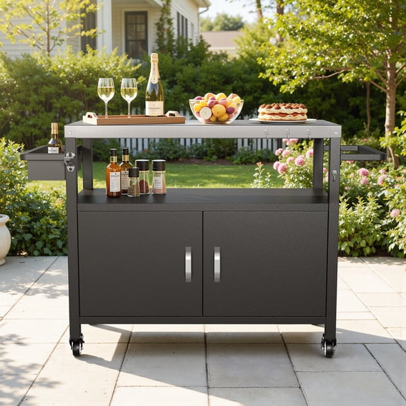 PARKWELL Outdoor Grill Cart with Storage Cabinet, Rolling BBQ Prep ...