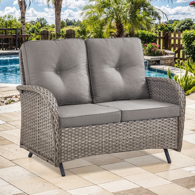 PARKWELL Outdoor Loveseat Glider Bench with Gray Cushions for Porch ...