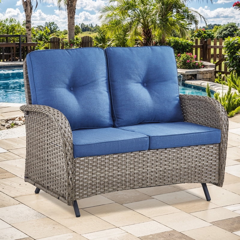 PARKWELL Outdoor Loveseat Glider Bench with Navy Cushions for Porch ...