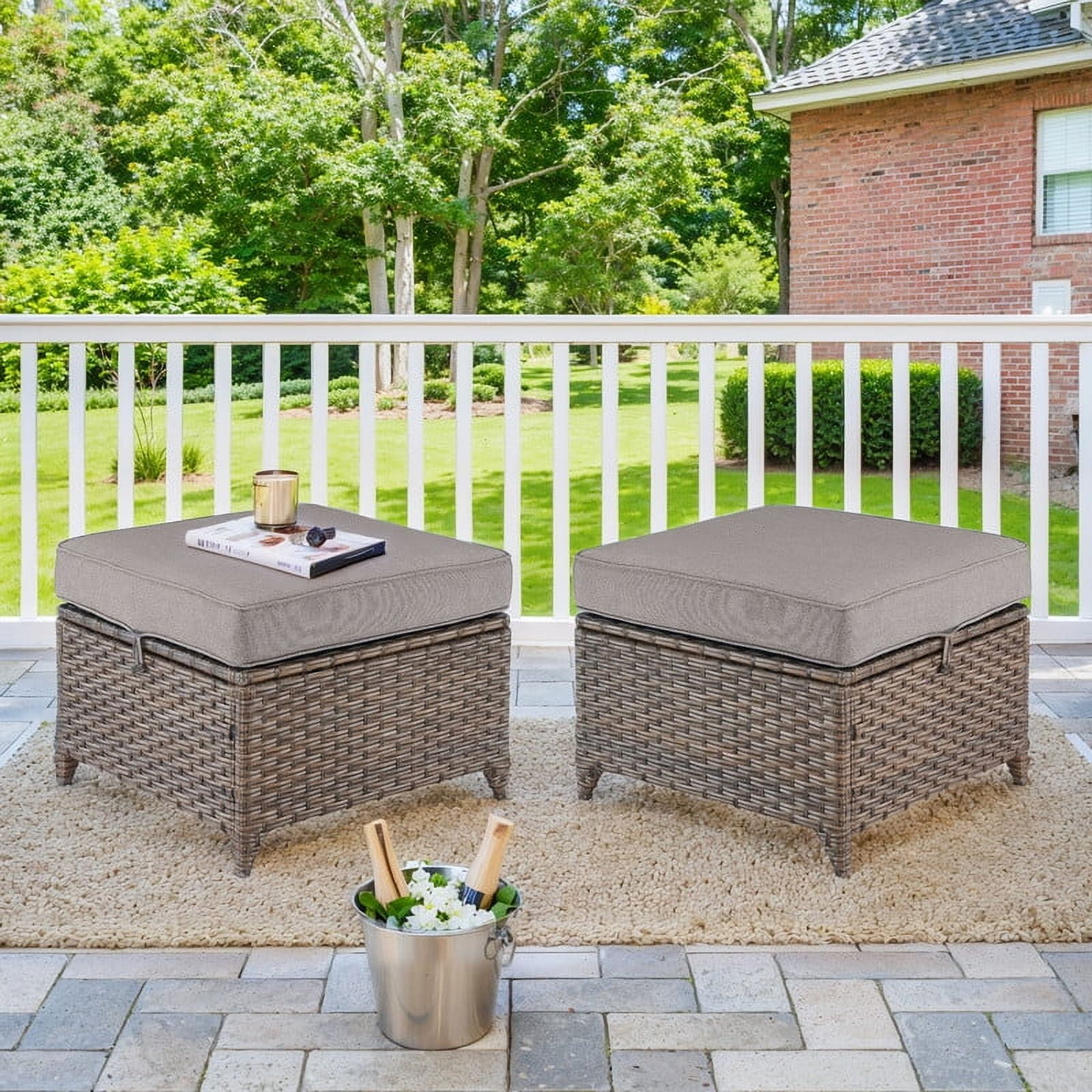PARKWELL Outdoor Patio Ottoman Set of 2,All-Weather Wicker Rattan Seat ...