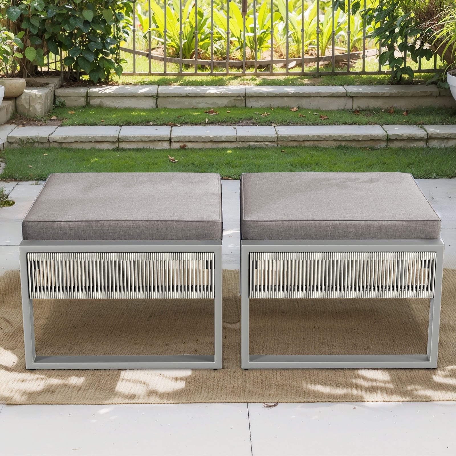 PARKWELL Outdoor Patio Ottoman Set of 2,Hand-Woven Rope Seat Foot Rest ...