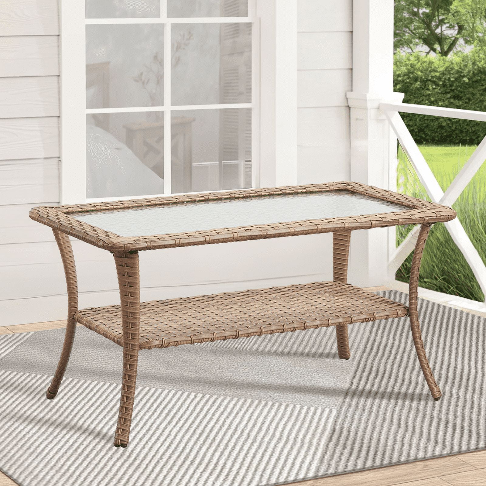 PARKWELL Outdoor Rectangular Wicker Coffee Table with Glass Top and ...