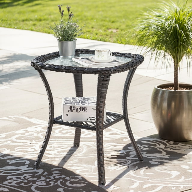PARKWELL All-Weather Wicker Outdoor Side Table - Rattan, Glass Top ...