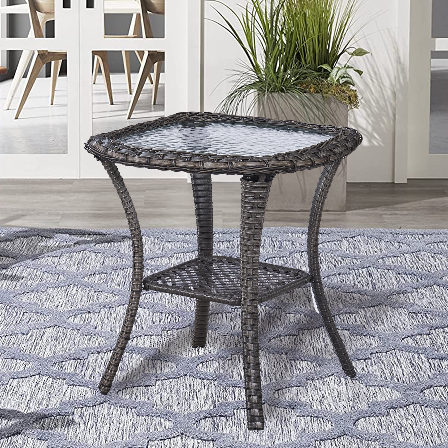 PARKWELL Outdoor Side Table with All-Weather Wicker Shelf - Rattan Tea ...