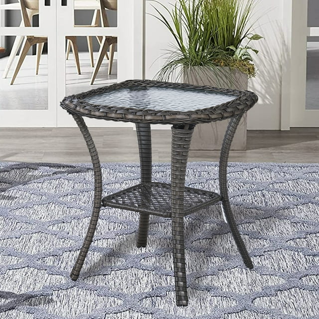 PARKWELL Outdoor Side Table with All-Weather Wicker Shelf - Rattan Tea ...