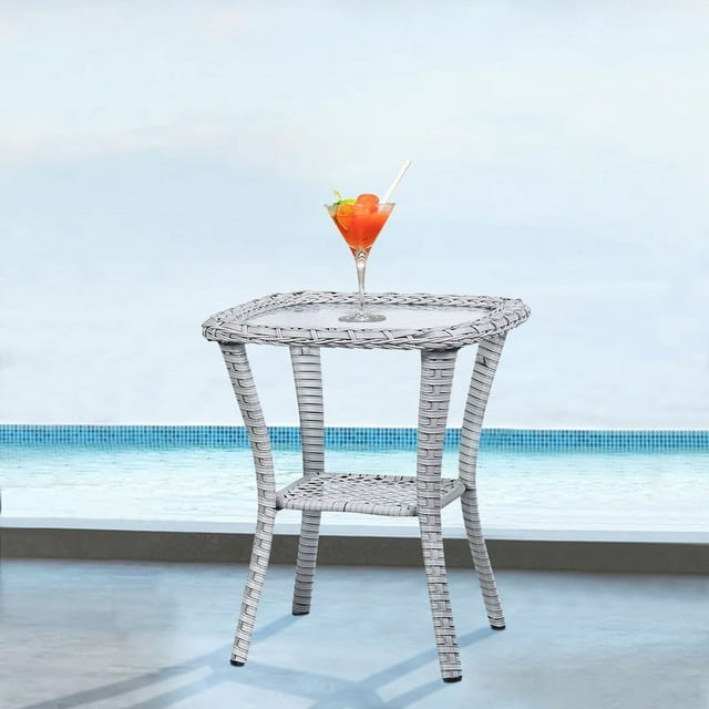 PARKWELL Outdoor Side Table with All-Weather Wicker Shelf - Rattan Tea ...
