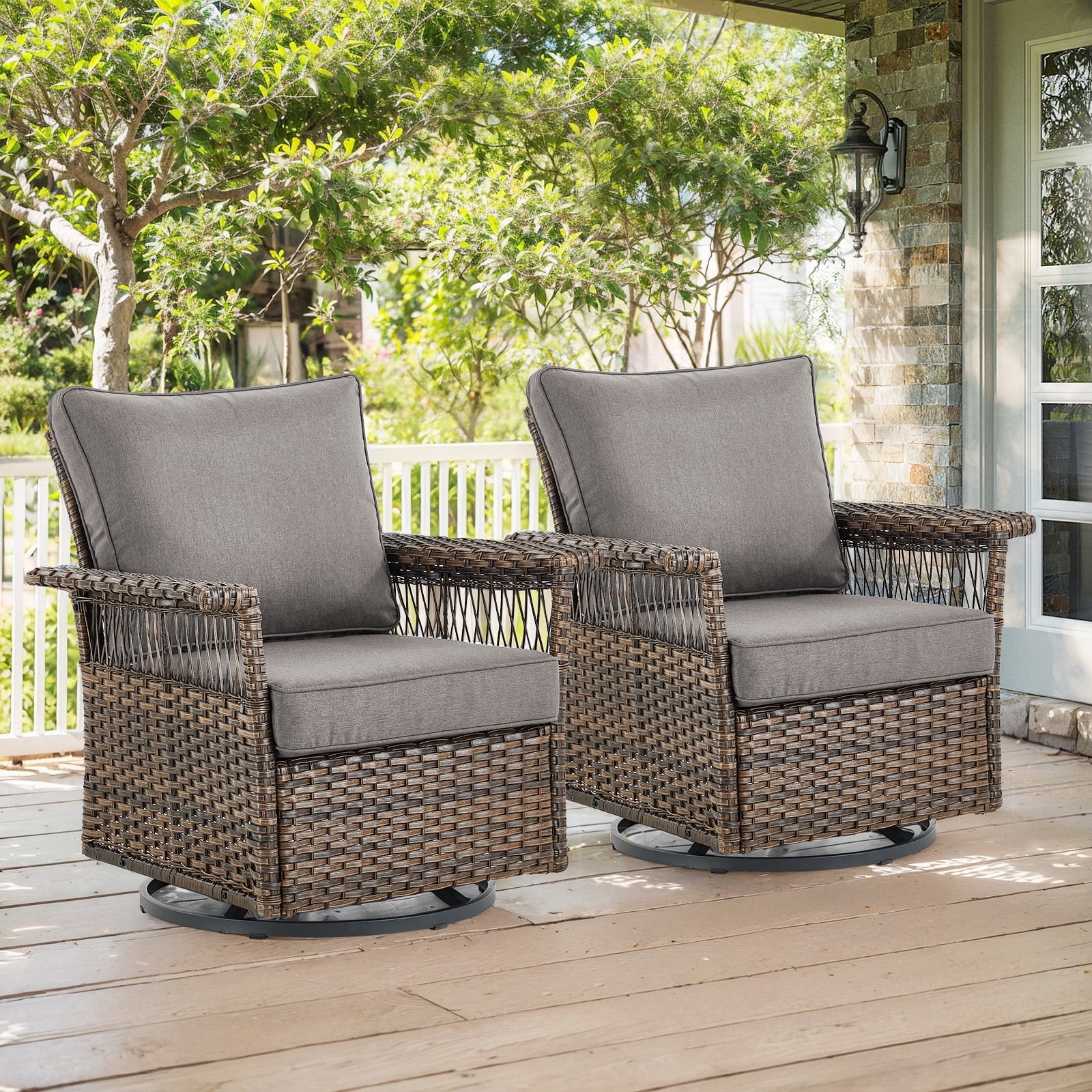 PARKWELL Outdoor Swivel Rocker Chairs Set of 2, Gray Wicker Bistro ...