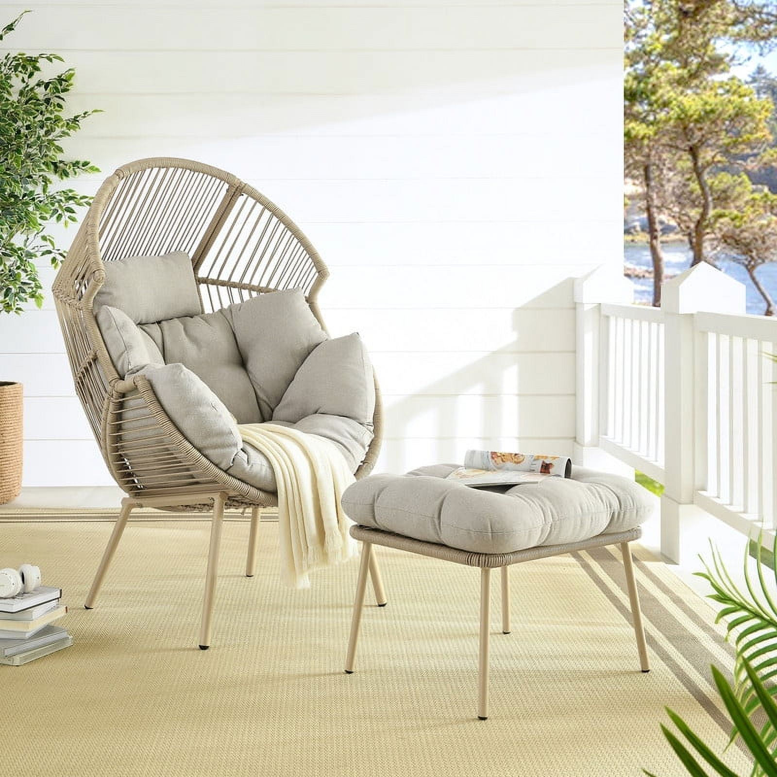PARKWELL Rattan Wicker Egg Chair with Ottoman, Indoor/Outdoor Lounge ...