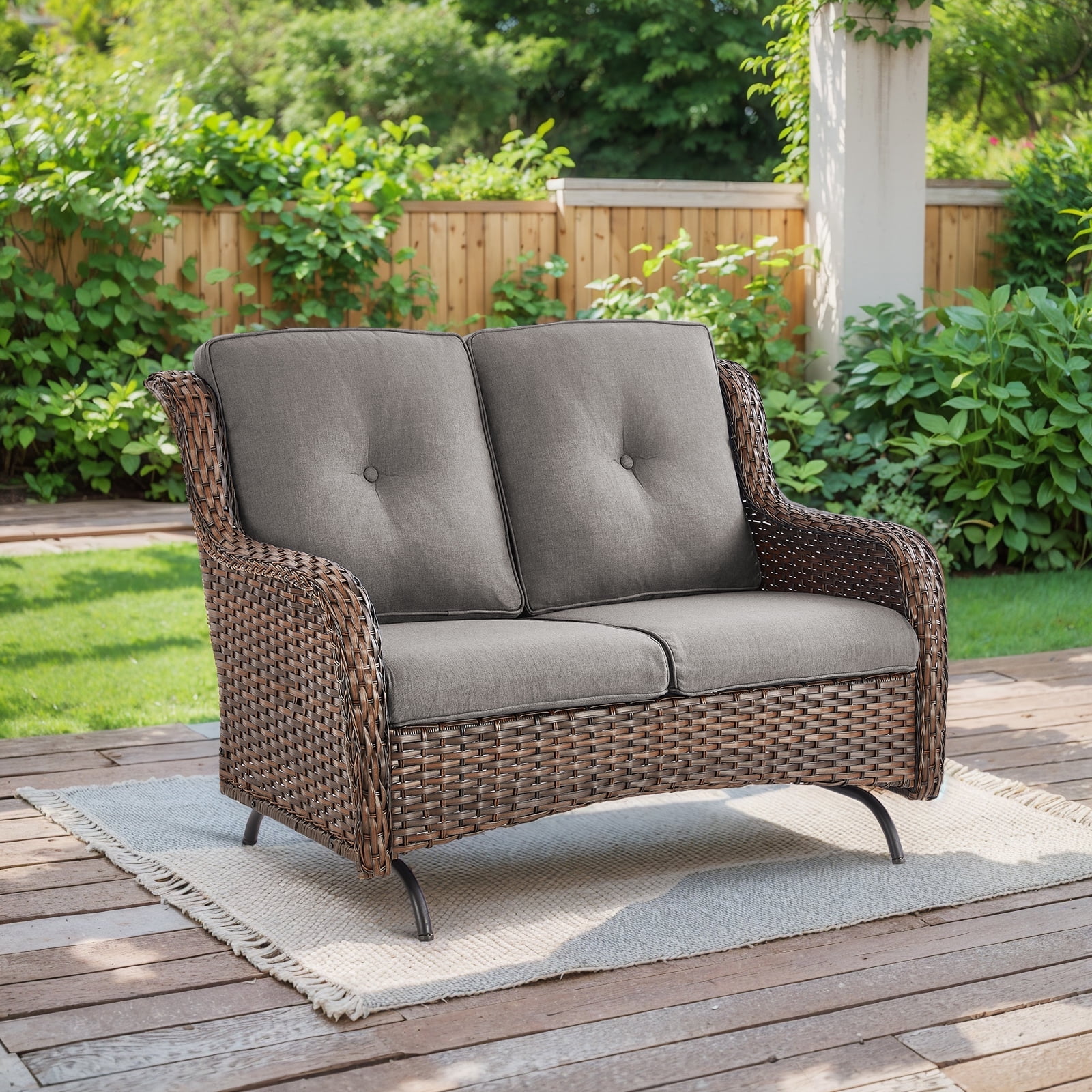 PARKWELL Outdoor Wicker Loveseat Glider with Gray Cushion in Brown ...