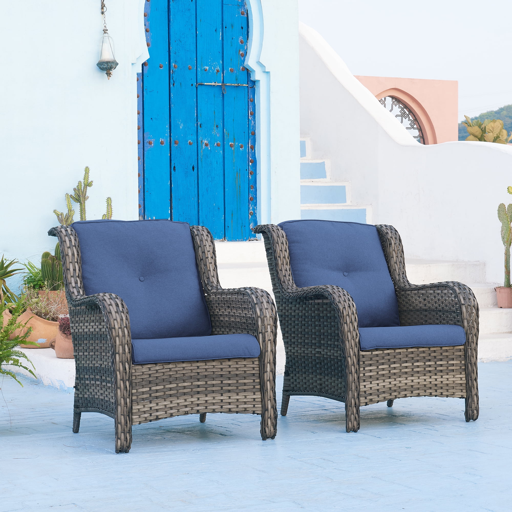 PARKWELL Rattan Patio Chairs Set of 2, Outdoor Wicker Lounge with Blue ...