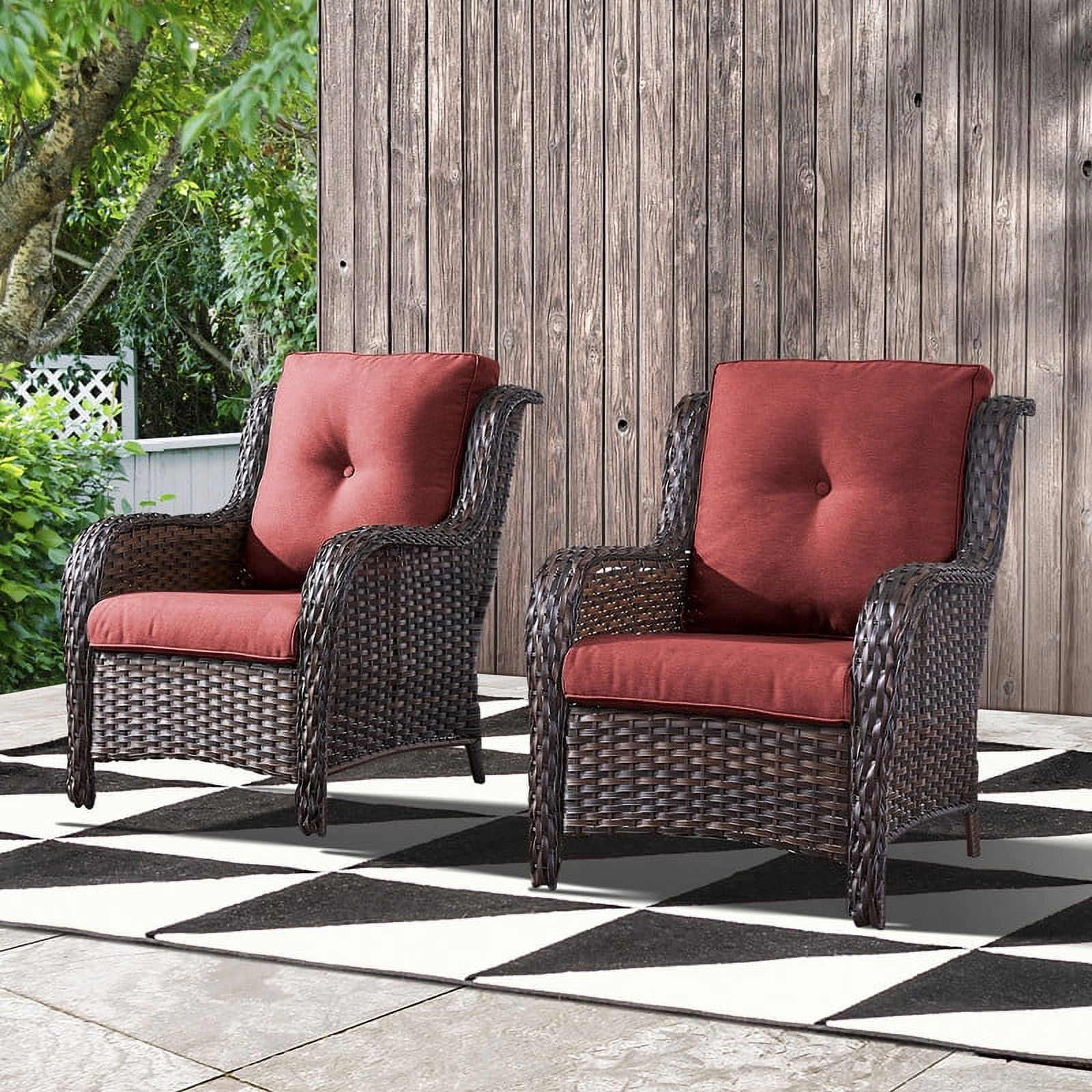 PARKWELL Outdoor Patio Wicker Chairs (Set of 2), Red Cushions, UV ...