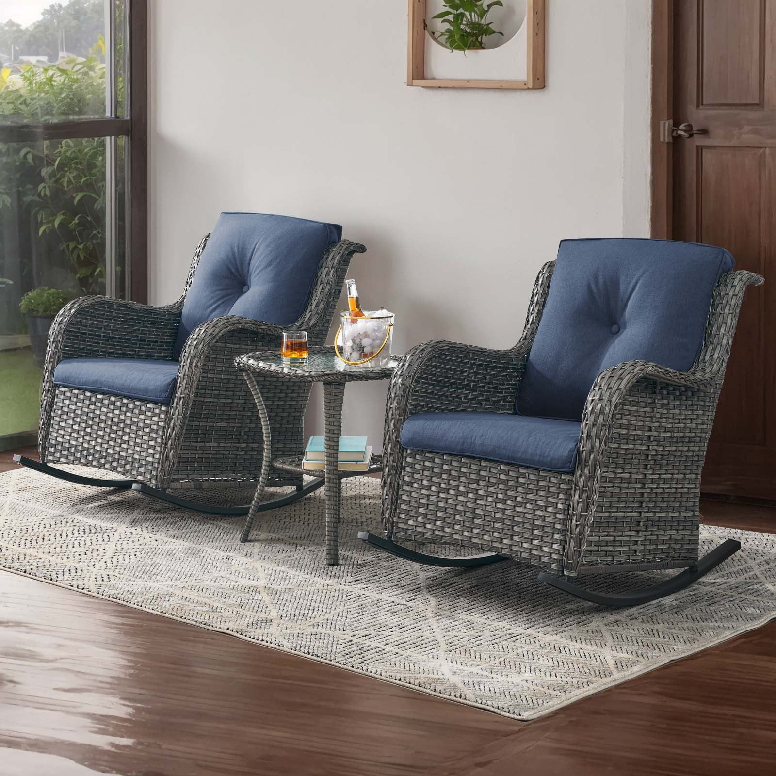 PARKWELL Outdoor Wicker Rocking Chair - 3 Piece Rattan Patio Bistro Set ...
