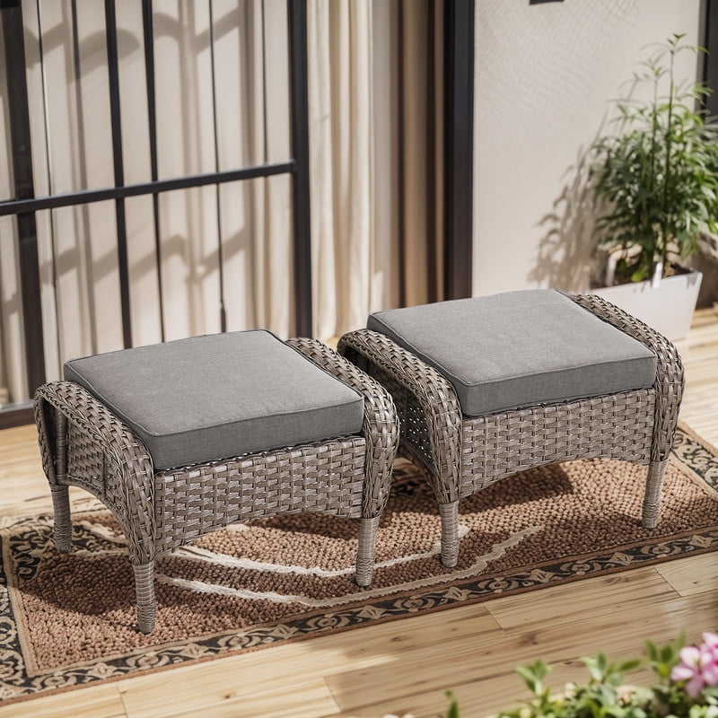 PARKWELL Patio Rattan Ottoman Set of 2,Wicker Foot Rest with Gray ...