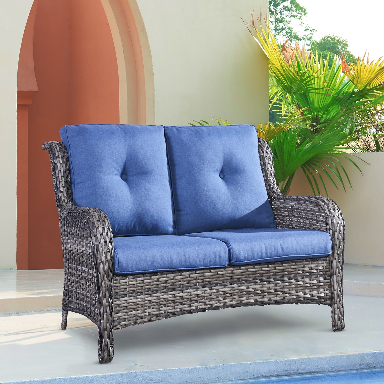 PARKWELL Patio Rattan Seat Sofa Cushioned Loveseat,Outdoor Wicker ...