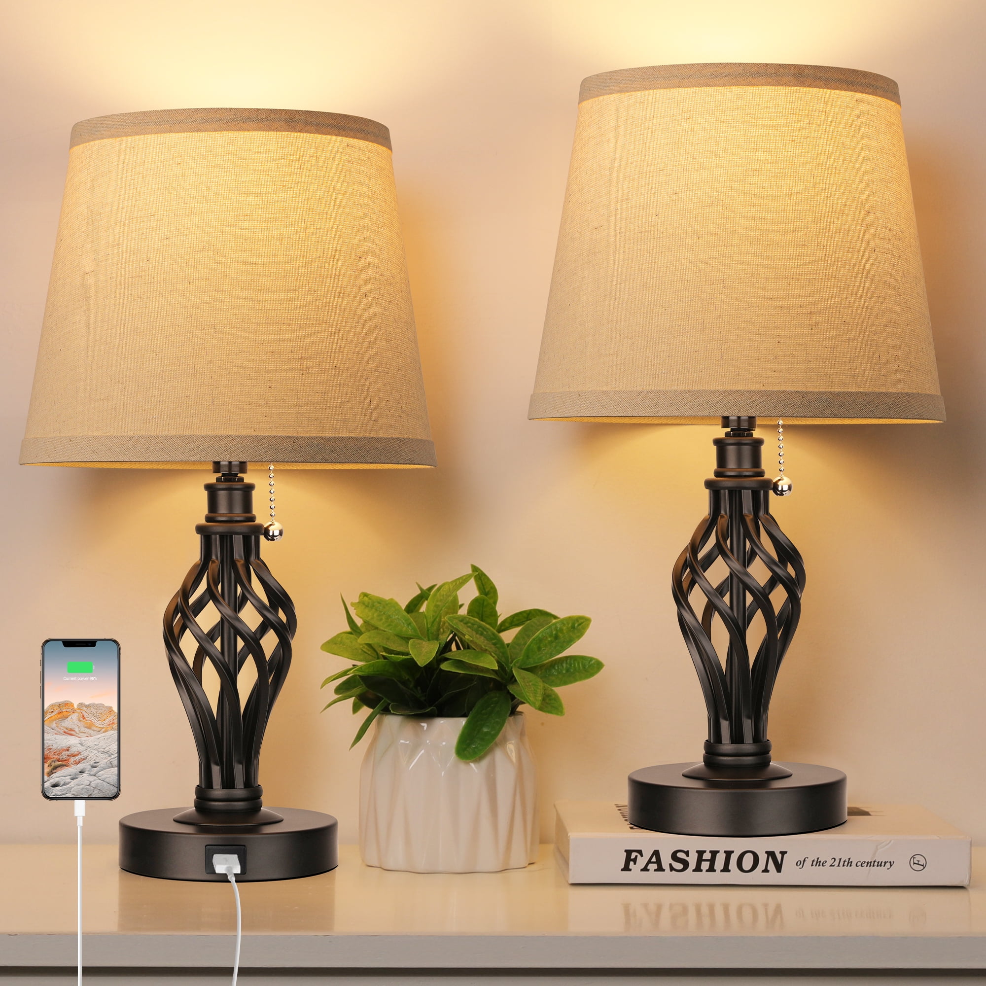 PARTPHONER 16'' Table Lamps Set of 2 with USB Ports, 3-Color Temp ...