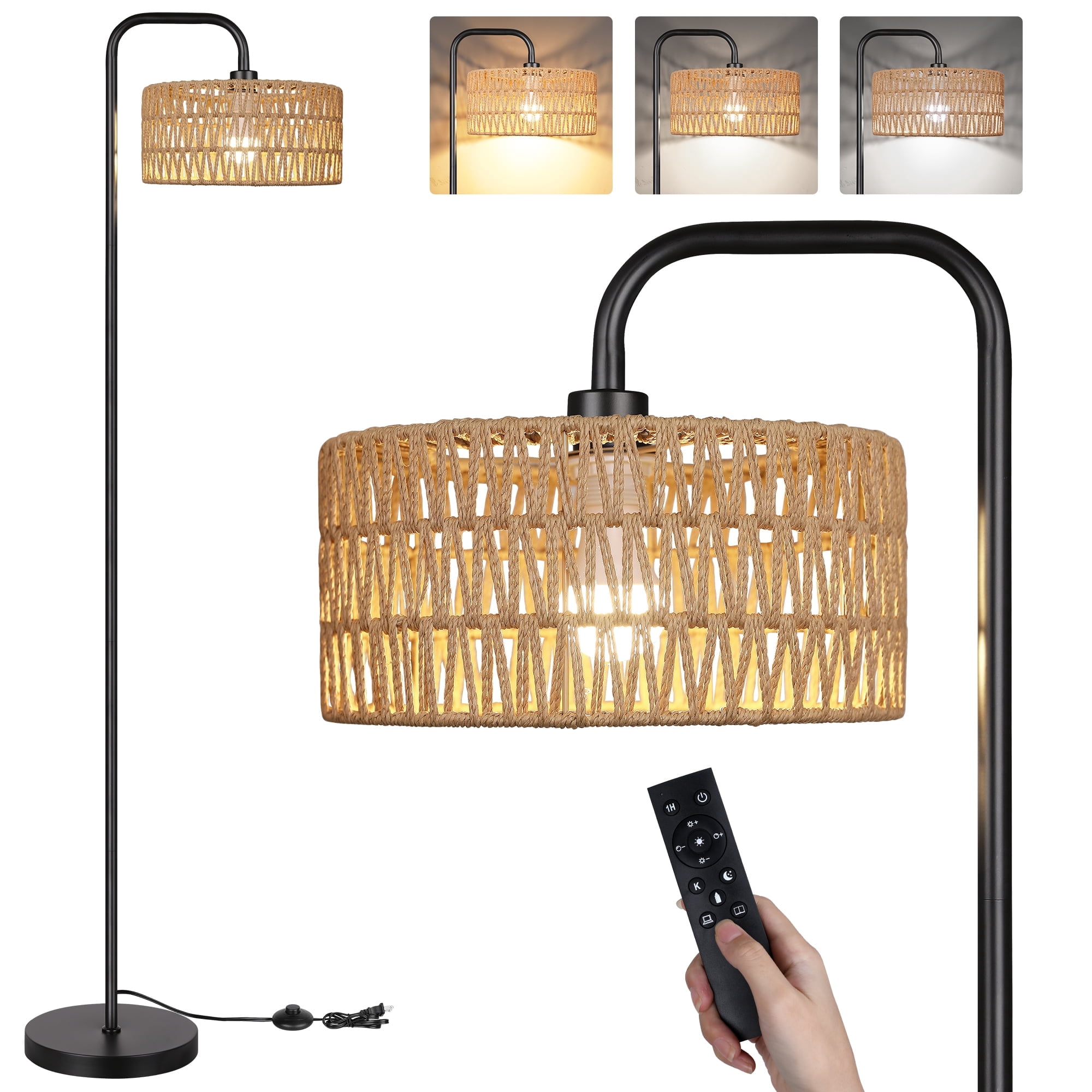 PARTPHONER 68â€ Farmhouse Black Floor Lamp, Remote Control, Rattan ...