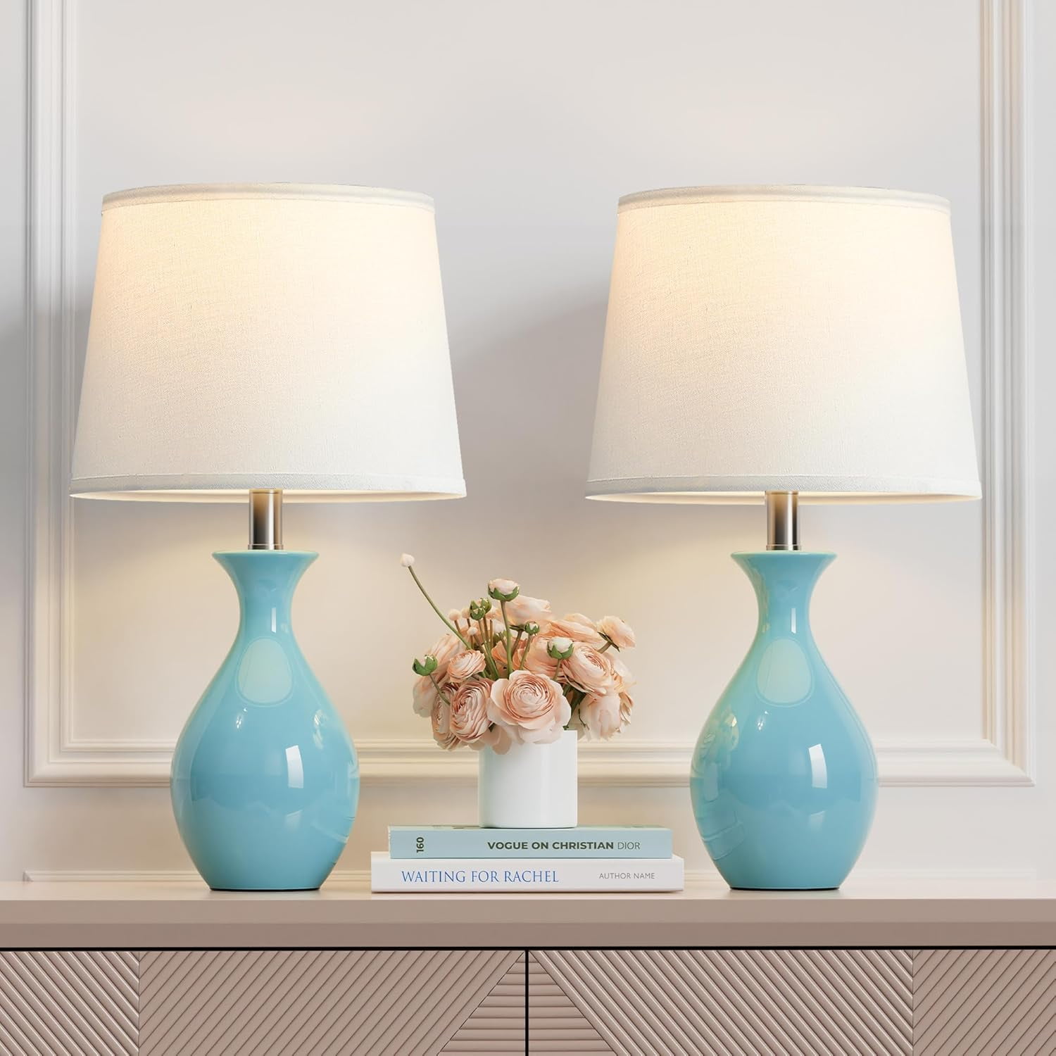 PARTPHONER Table Lamp Set of 2, Modern Ceramic Bedside Lamps for Night ...