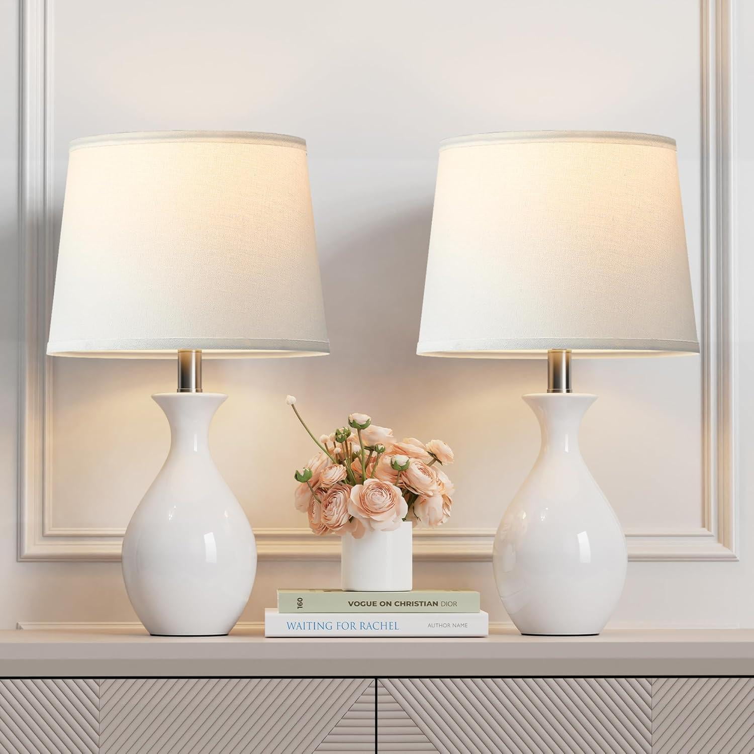 PARTPHONER Table Lamp Set of 2, Modern Ceramic Bedside Lamps for Night ...