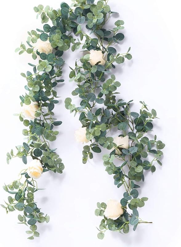 PARTY JOY 6.56ft Eucalyptus Garland with Flowers-8 White Roses, Artificial Fake Flowers Greenery ...