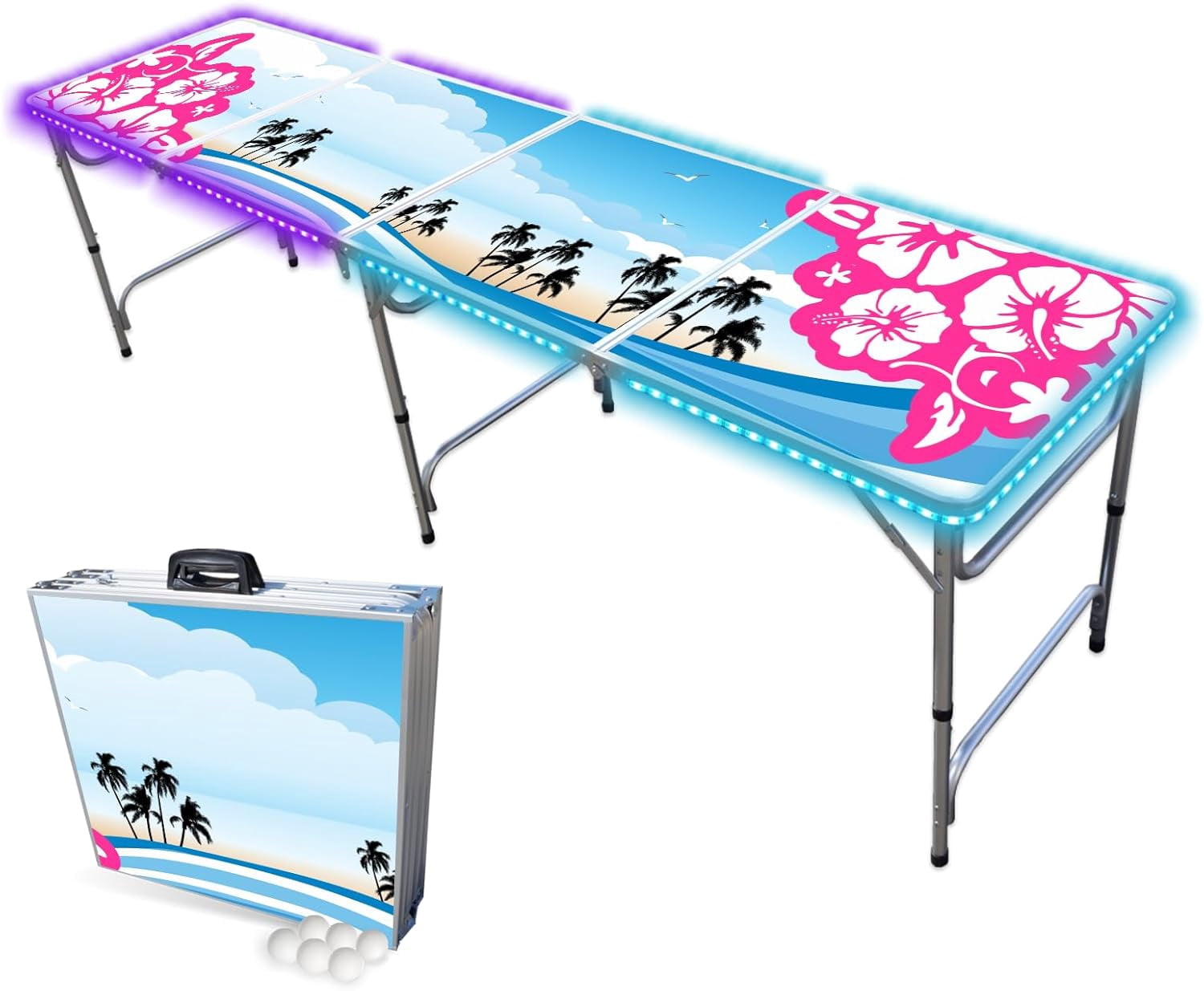 PARTYPONG 8-Foot Folding Beer Pong Table w/LED Lights - Hibiscus ...