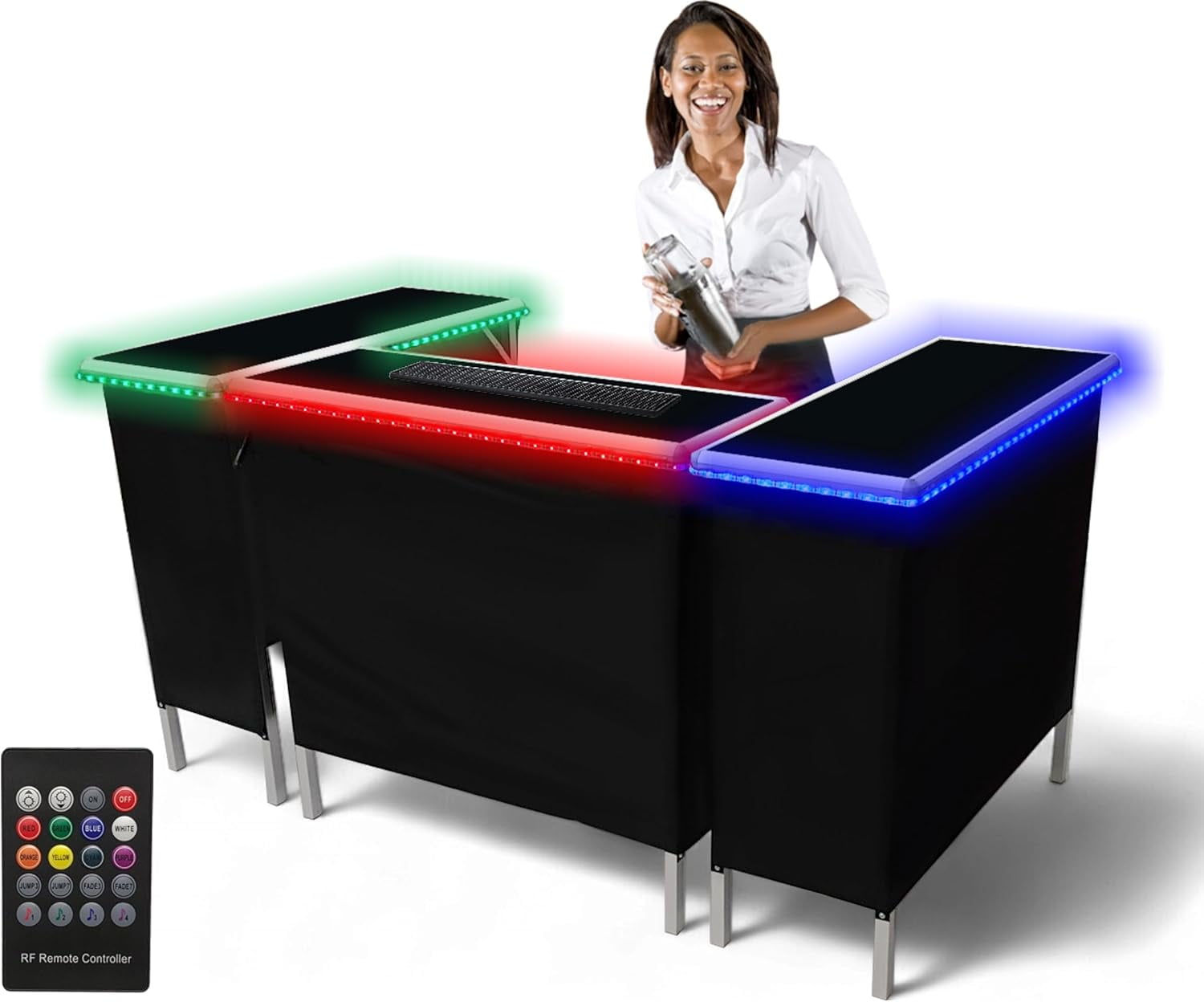 PARTYPONG Folding Portable Bar w/LED Lights, Wireless Remote, 2 Bar ...