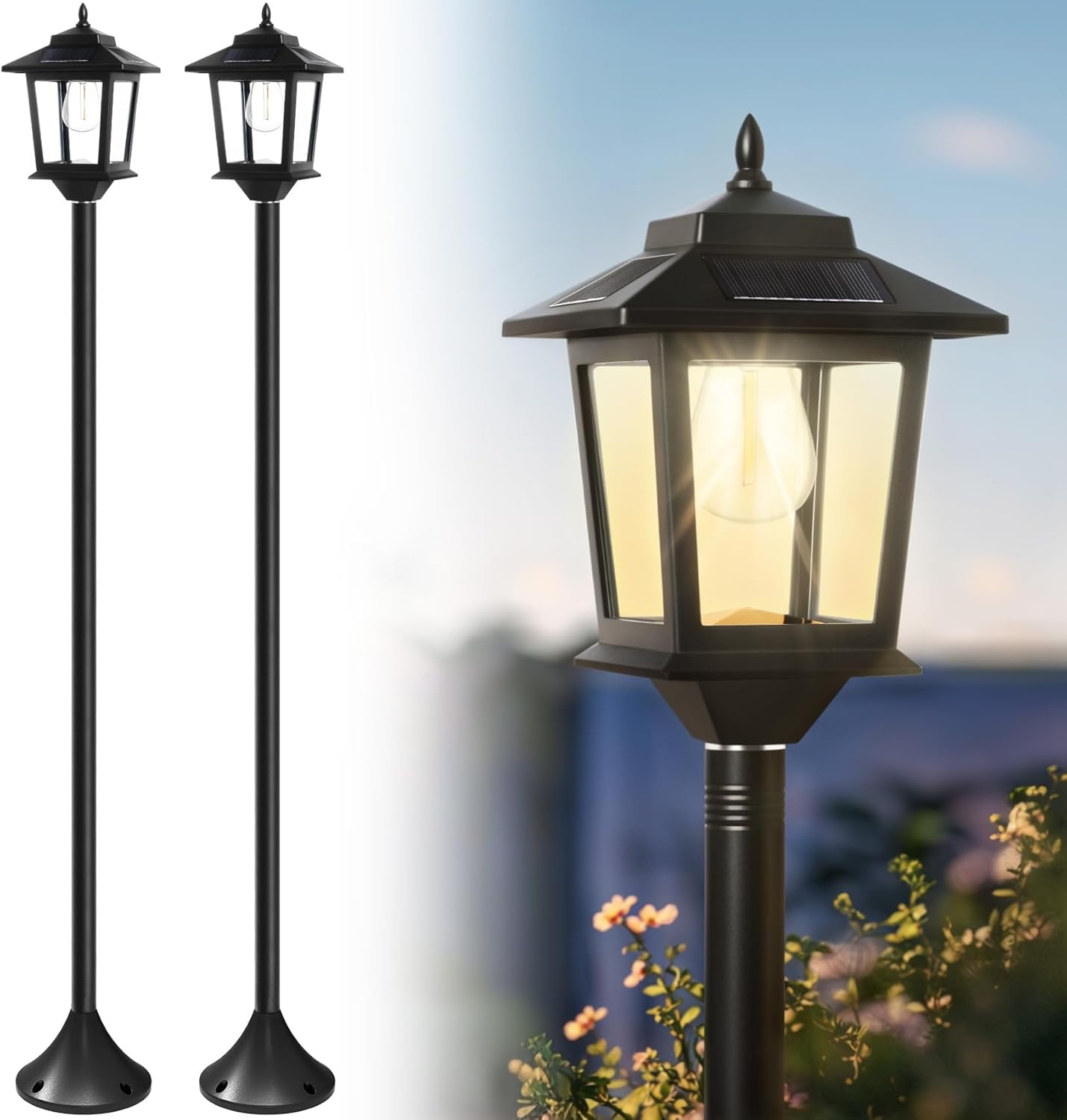PASAMIC 63" Solar Lamp Post Light 2Pack, Outdoor Post Lights Waterproof ...