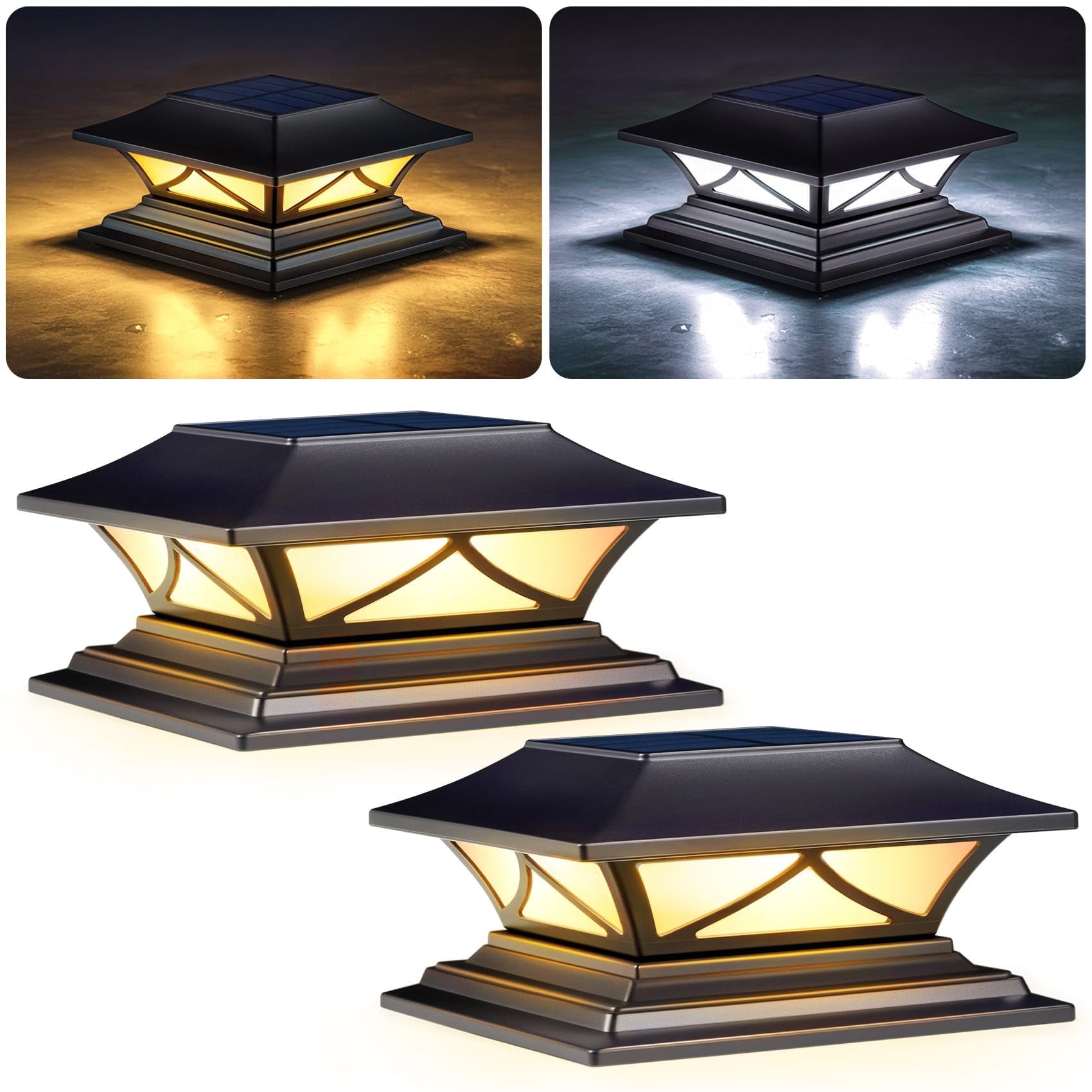 PASAMIC Solar Post Cap Lights 2 Pack, Solar Post Lights Outdoor Waterproof with 2 Color Modes ...