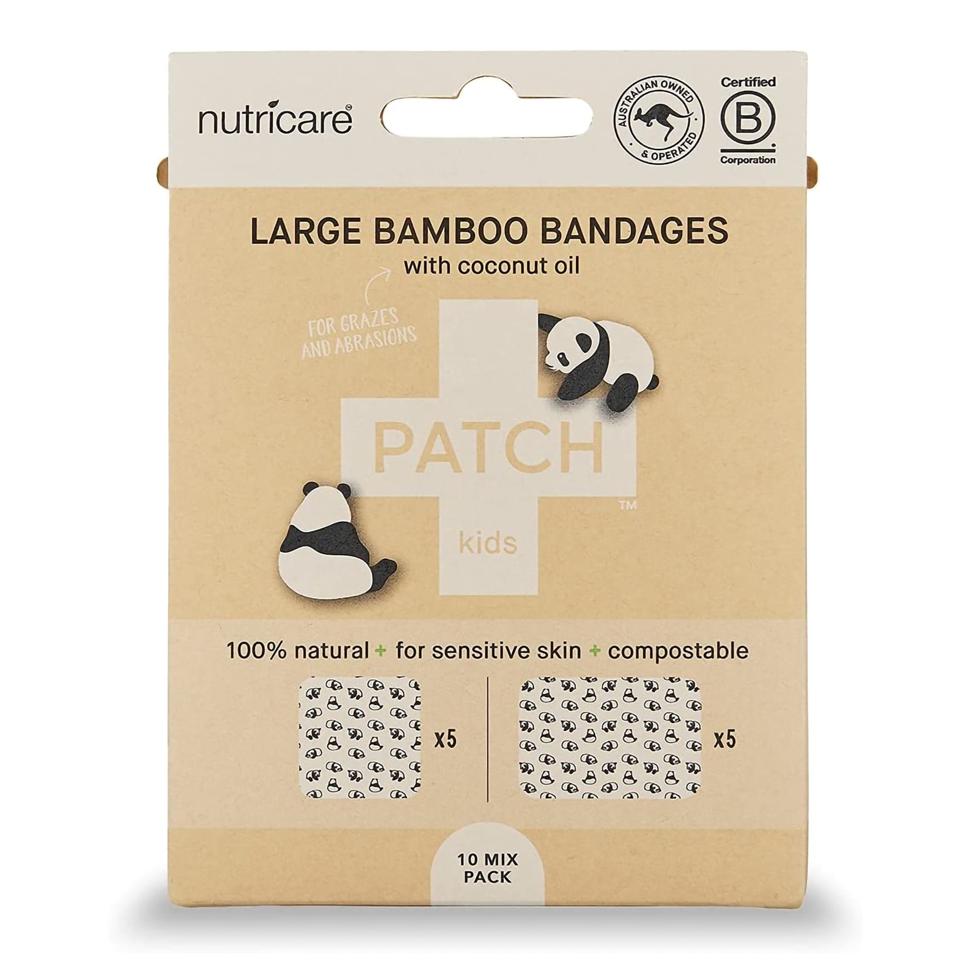PATCH Kids Bamboo Bandages with Coconut Oil - Pandas, 2 x 3 in, 3 x 3 ...