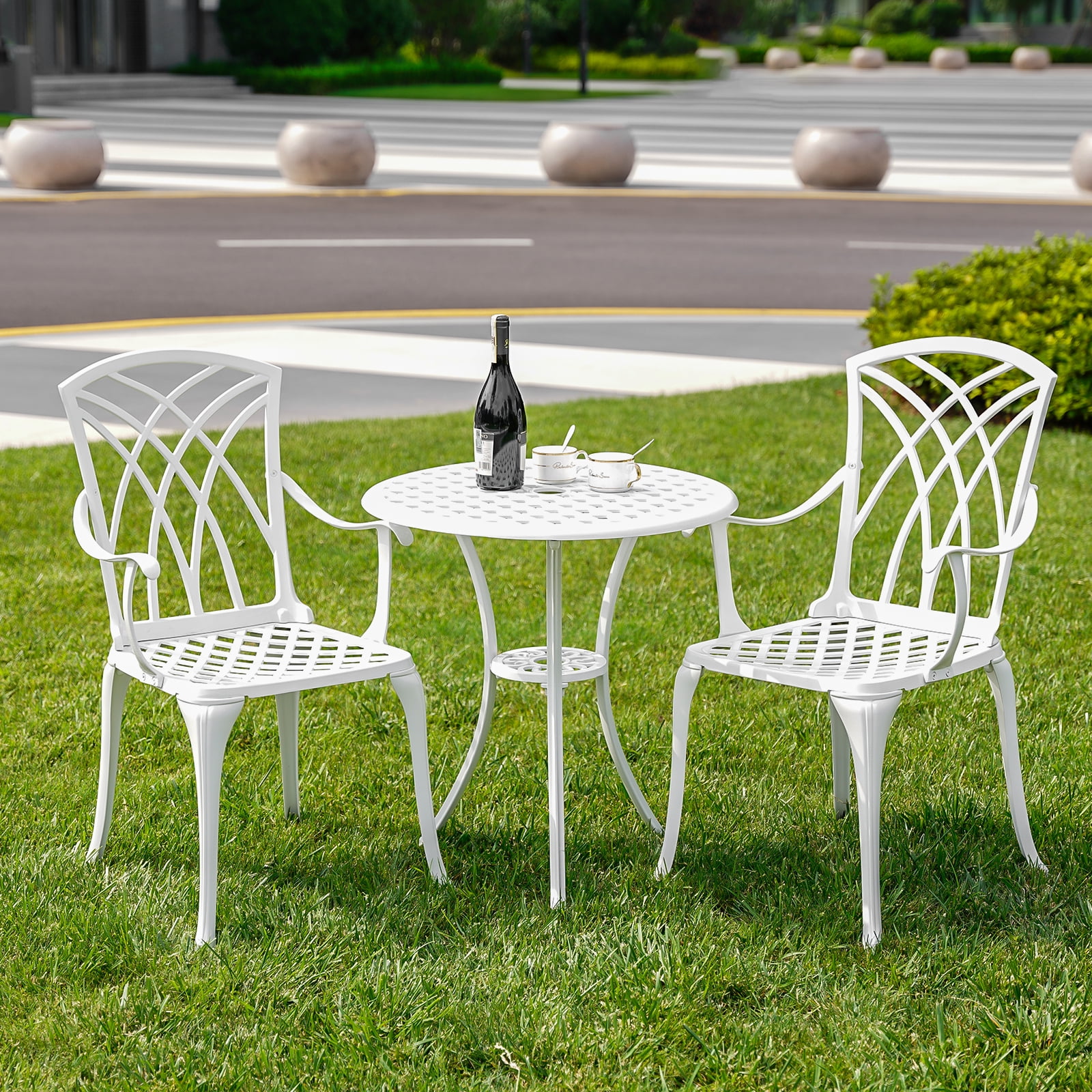 PATIO-IN White Bistro Set, Outdoor Round Table & 2 Chairs with Umbrella ...