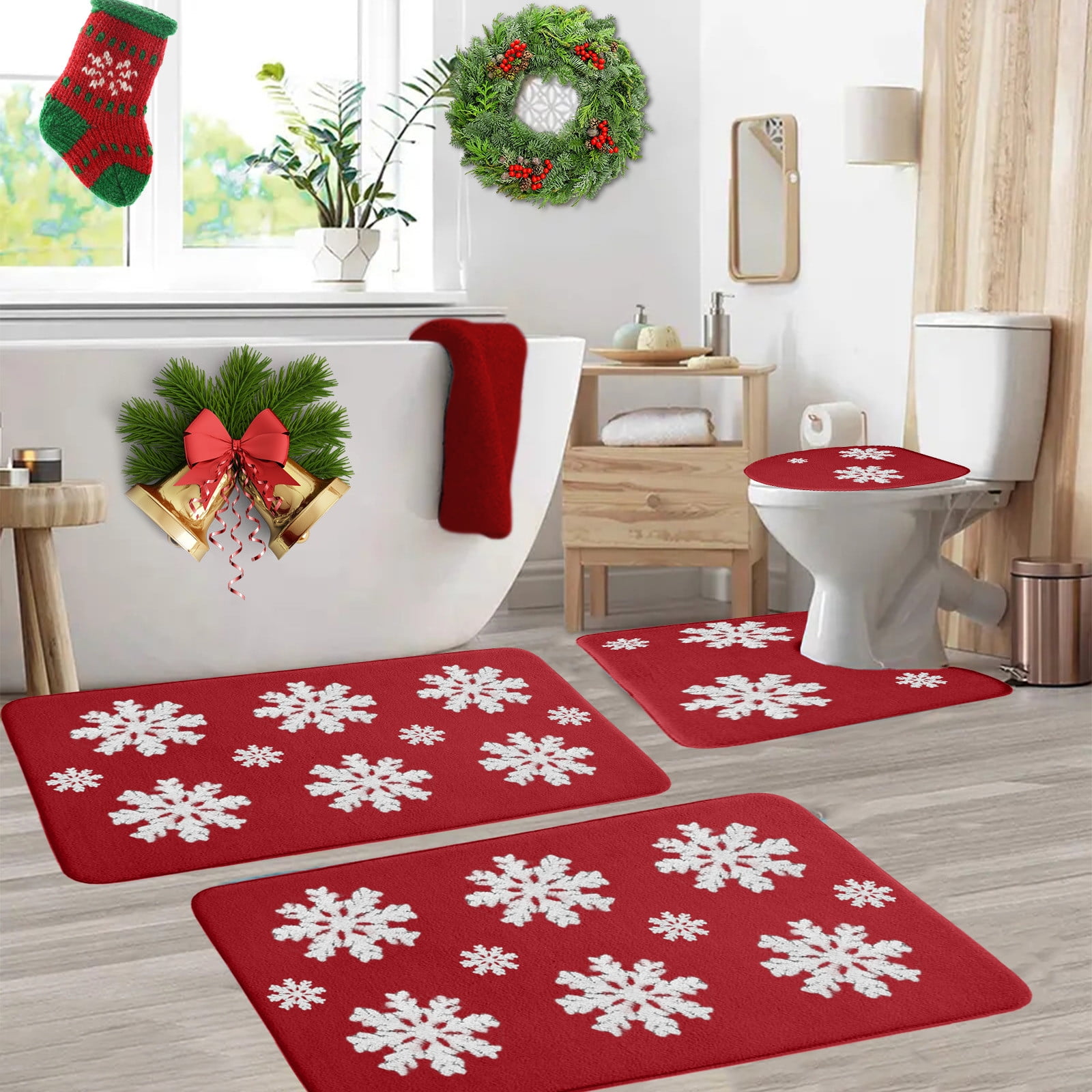 PATLOLLAV Christmas Bathroom Rugs Sets,3 Piece Red Snowflake Pattern ...
