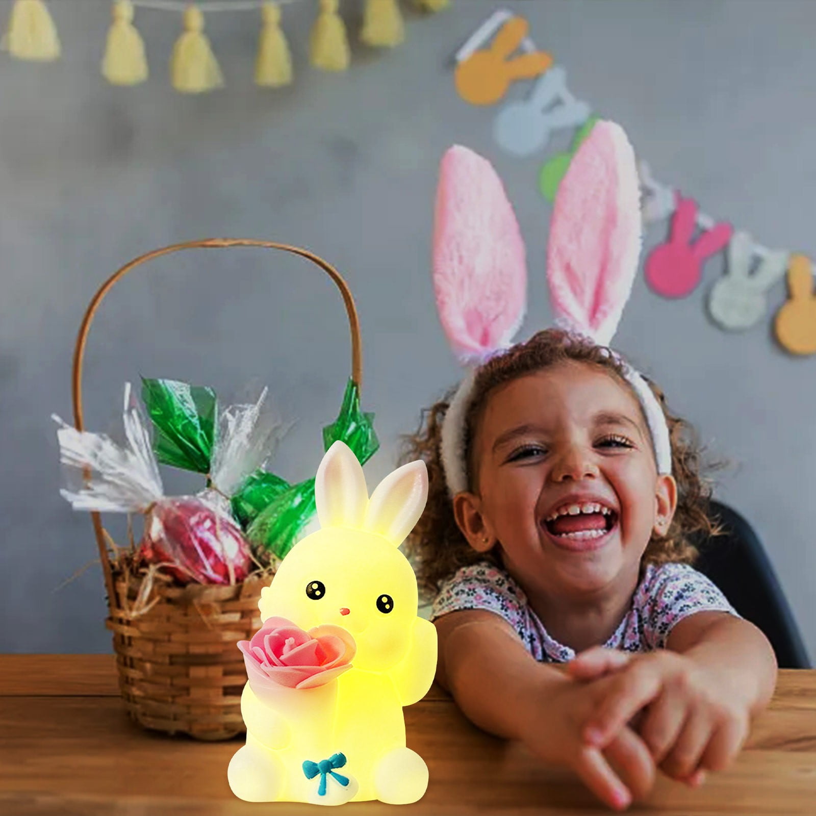 PATLOLLAV Easter Bunny Handle Rose Night Light for Kids, Bunny Lamp ...