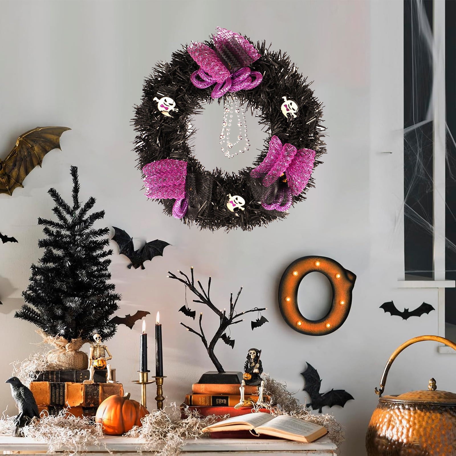 PATLOLLAV Halloween Ghost Wreaths for Indoor Outdoor,Tinsel Halloween Front Door Wreath Holiday ...