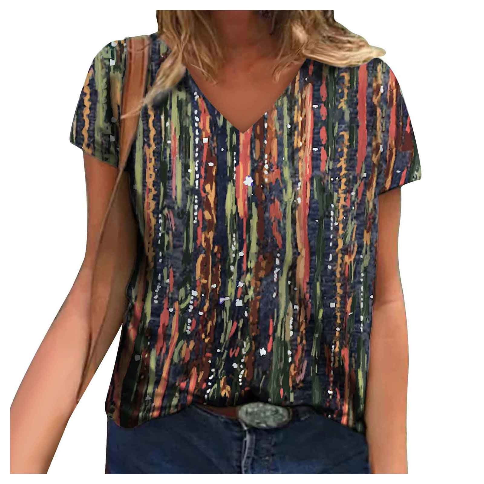 PATLOLLAV Summer Tops,Ladies,Fashion Womens V-Neck Print Short Sleeve ...