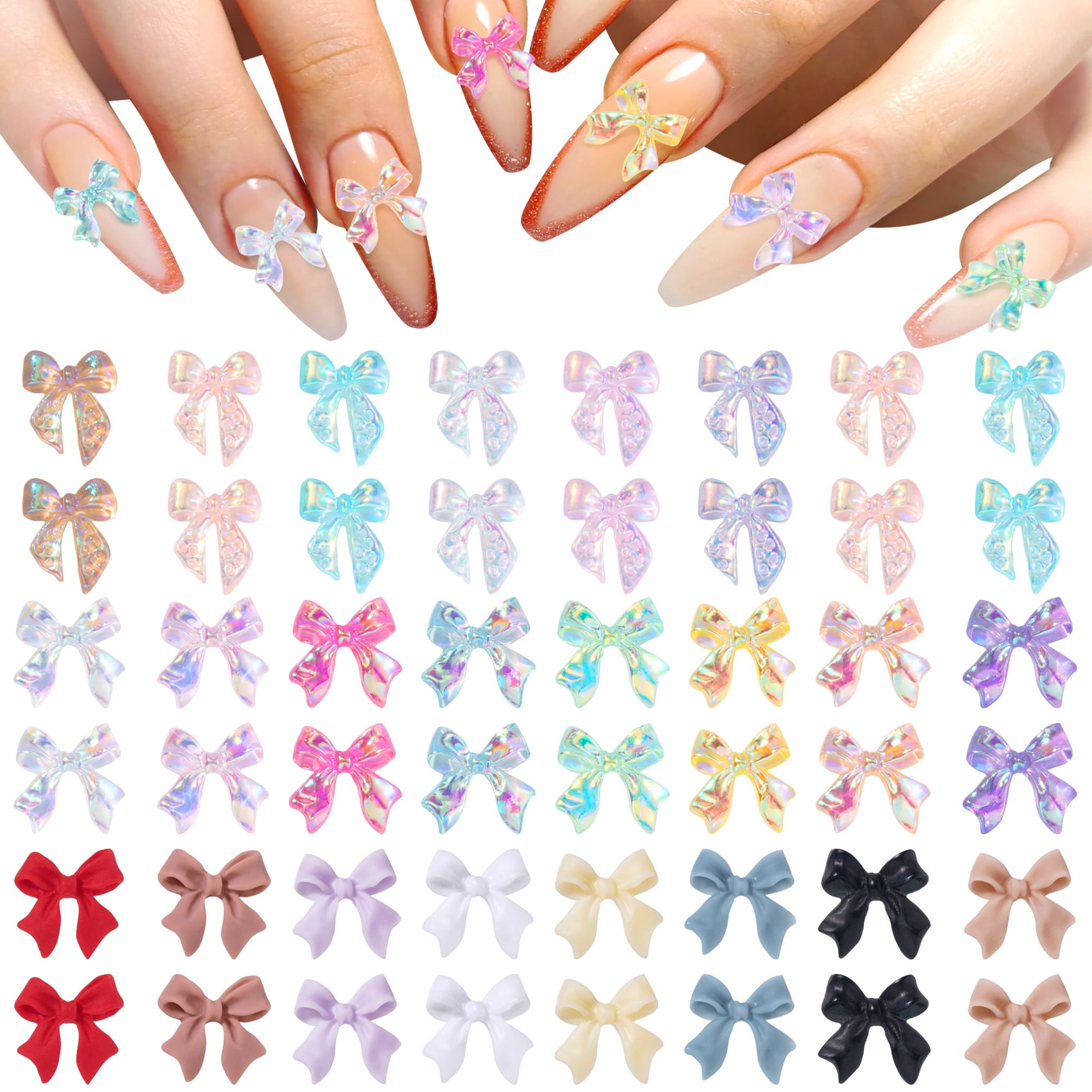 PATOPS 240 Pcs Aurora Bow Nail Charm 3D Colorful Bowknot Nail Charms ...