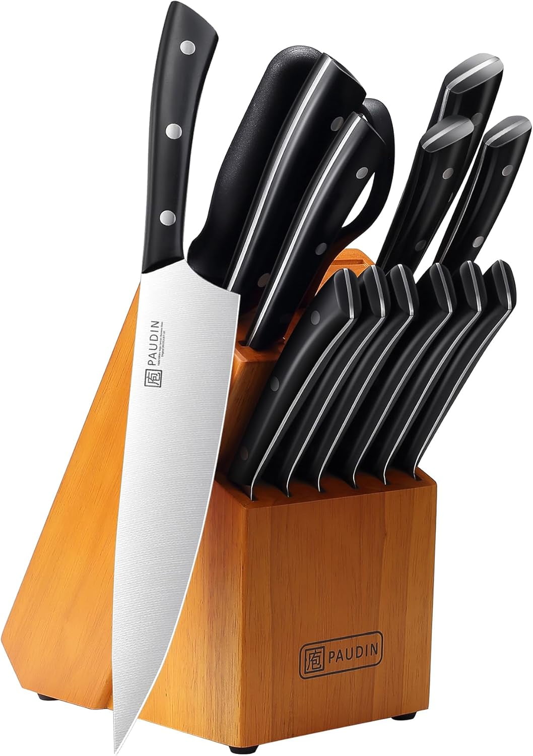 PAUDIN Knife Set with Block, 15-Piece Kitchen Knife Set, High Carbon ...