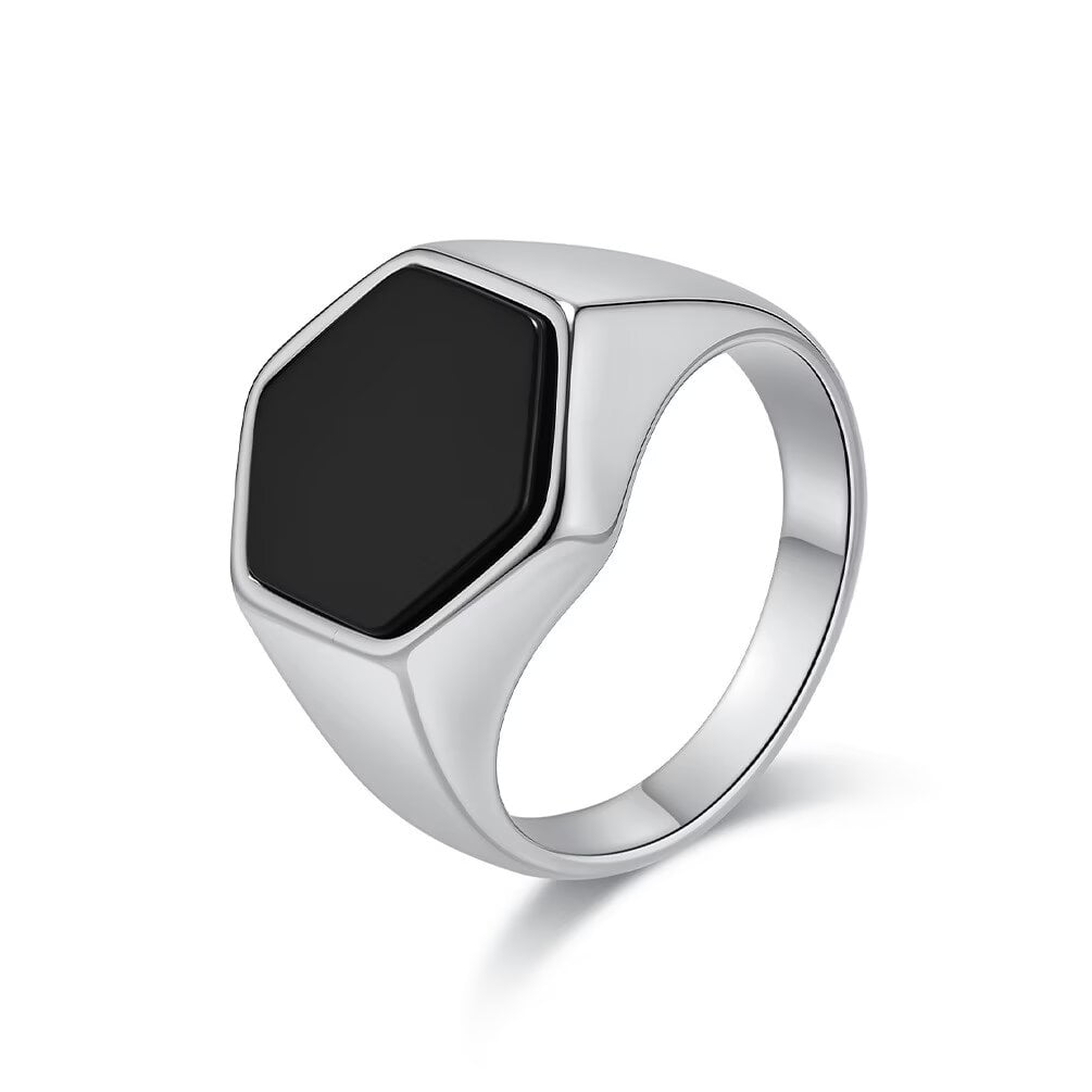 PAURO Men's Stainless Steel Minimalist Hexagonal Black Stone Statement ...